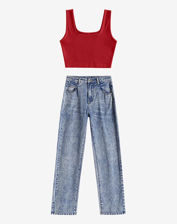 Womens U Neck Solid Color Basic Plain Ribbed Crop Tank Top In Red